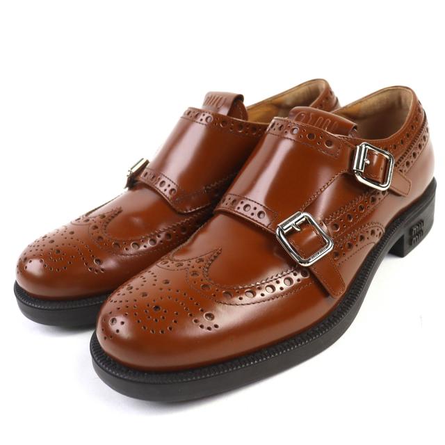未使用△Churchs Miu Miu チャーチ ミュウミュウ 5E039E ブラッシュドレザー ロゴ ダブルモンクストラップ ブローグシューズ ブラウン 38
