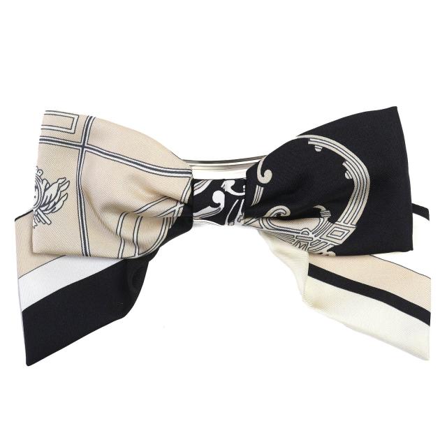 未使用品△HERMES エルメス グルネル エクスリブリス バレッタ シルク100％ シルバー金具 リボン付 ヘアアクセサリー ブラック ベージュ