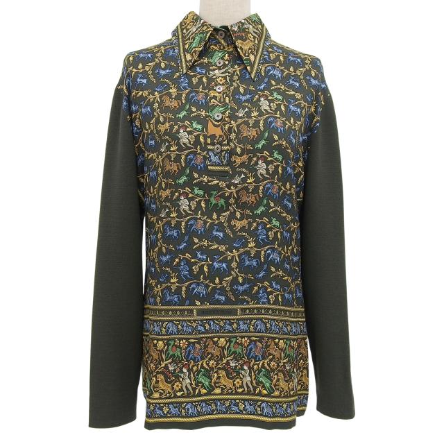 極美品▲HERMES エルメス ヴィンテージ ツイルレーヌ CHASSEEN INDE シルク ウール マルジェラ期 長袖ポロシャツ マルチ M 伊製 正規品