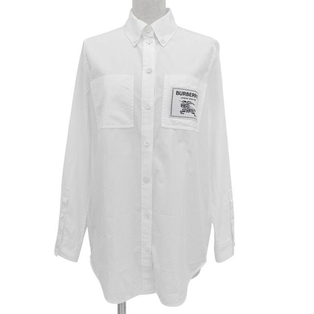 極美品▲BURBERRY バーバリー 8063004 コットン100％ ティッシ期 ロゴパッチ付き ロングスリーブ 長袖シャツ 白 36 正規品 レディース