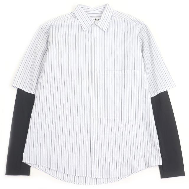 極美品□VIEN ヴィエン JERSEY SLEEVES SHIRT コットン100% ストライプ柄 ドッキングデザイン 長袖シャツ ブルー M イタリア製 メンズ