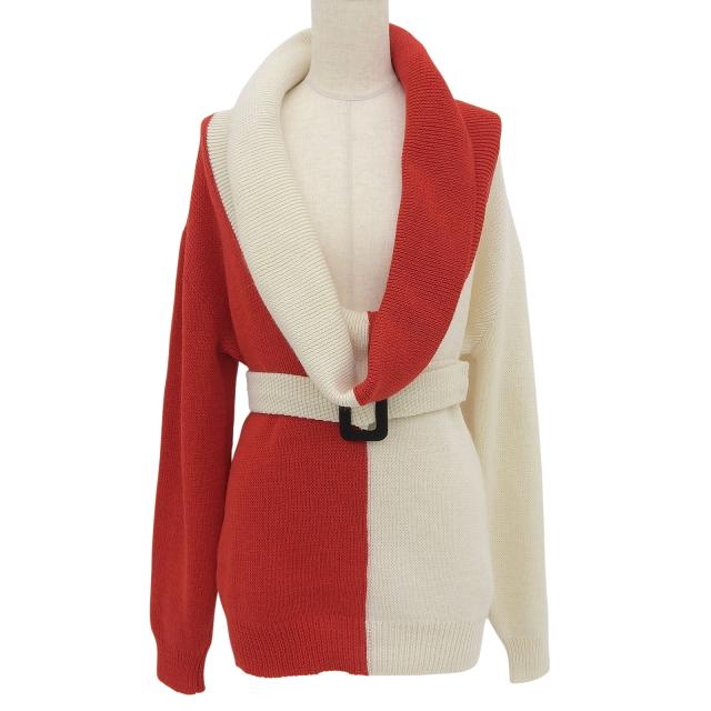 未使用品▲GUCCI グッチ 727145 バイカラー ボリュームネック ベルト付き ニット レッド ホワイト M イタリア製 正規品 レディース