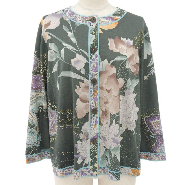美品▲LEONARD FASHION レオナール ファッション 349153 ウール シルク 花柄 ペイズリー柄 長袖 カーディガン LL 日本製 正規品 レディース