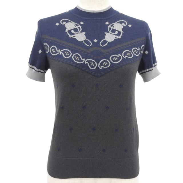 未使用品▲HERMES エルメス 2022年製 2H2622D8 宮廷の馬具 カシミヤ シルク 半袖 ニット ネイビー グレー 36 伊製 正規品 レディース