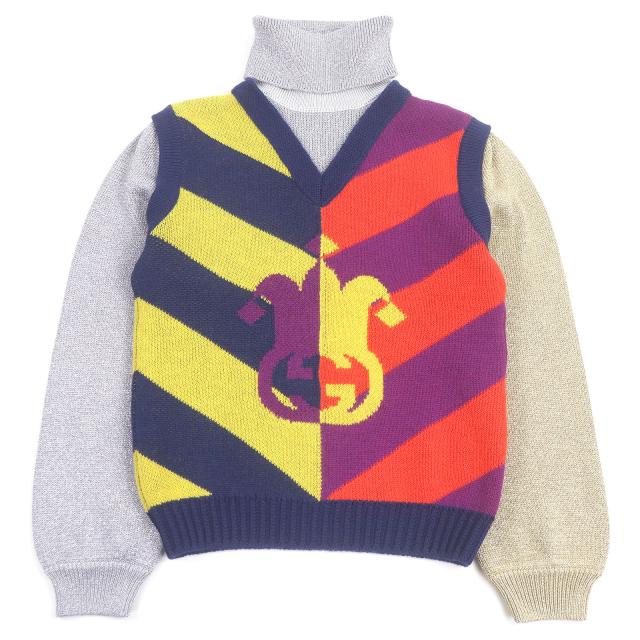 未使用品□GUCCI グッチ 23SS 724770 タートルネック ドッキングデザイン 長袖ニット セーター マルチカラー S イタリア製 正規品 メンズ