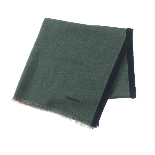未使用品★HERMES エルメス H583697 カレ120 カシミヤ シルク混 ROUGE/MARINE/KAKI ロゴ刺繍入り フリンジ付 大判 ストール 箱付
