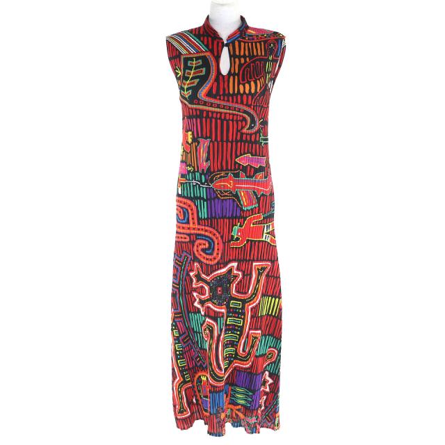 極美品△PLEATS PLEASE プリーツプリーズ イッセイミヤケ PP22-JH717 チャイナ アニマル ノースリーブ ロング ワンピース 3 正規品