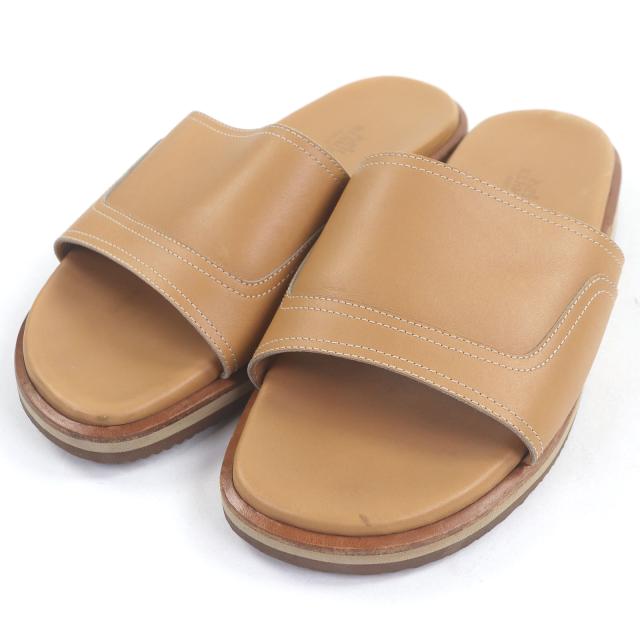 良品□HERMES エルメス レザー ステッチデザイン シャワーサンダル スライドサンダル ベージュ 41 イタリア製 メンズ オススメ◎