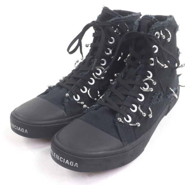 美品□BALENCIAGA バレンシアガ 688752 High Top Paris Destroyed Piercing Sneakers ハイカットスニーカー ブラック 42 箱・保存袋付き