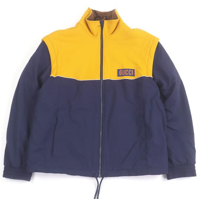 美品□GUCCI グッチ 673635 裏ボア GGロゴ総柄 2WAY テクニカルジャージー ベスト/ジャケット ネイビー イエロー M ハンガー付き 正規品
