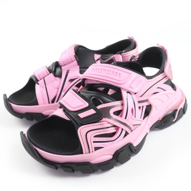 未使用品☆BALENCIAGA バレンシアガ 617543 Track Sandal トラック サンダル ファブリック ロゴ入り ピンク ブラック 25 レディース