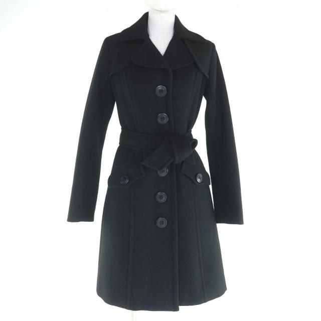 極美品★BURBERRY BLUE LABEL バーバリーブルーレーベル ウール100％ ロゴボタン・ベルト付 裏地チェック柄 Aラインコート 黒 40 正規品