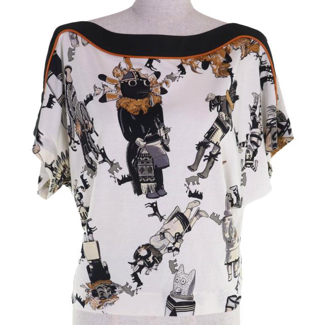 極美品◇HERMES エルメス Kachinas カチナ コットン100％ 民族柄 レザー使い ボートネック 半袖Ｔシャツ マルチ 38 フランス製 正規品