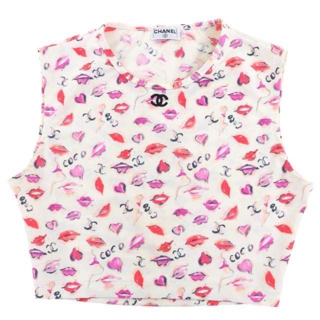 極美品◇CHANEL シャネル ヴィンテージ ココマーク刺繍 リップ柄 クロップド トップス タンクトップ オフホワイト マルチ 38 レディース