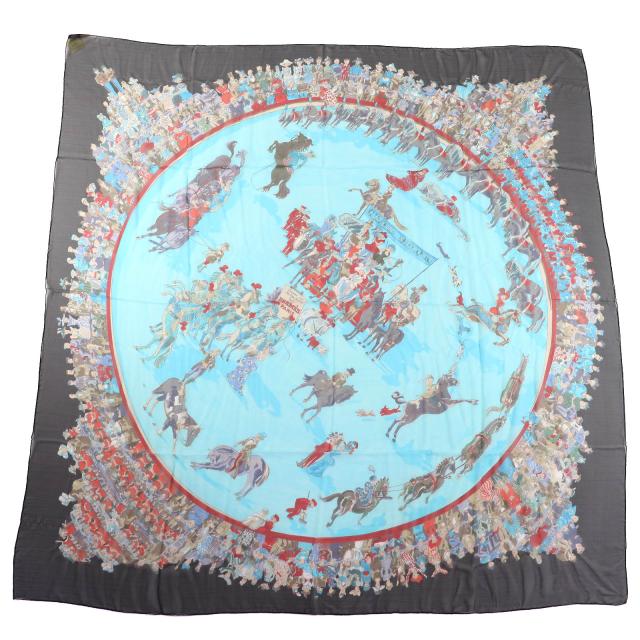 未使用品△HERMES エルメス CIRQUE MOLIER モリエサーカス シルク100％ NOIR/VERT EAU/ROUGE 大判 シフォン スカーフ 箱付き フランス製