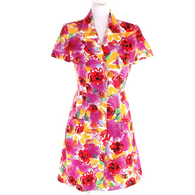 美品△CHANEL シャネル ヴィンテージ 97P P07855V05589 コットン100％ ココボタン カメリア 半袖 シャツ ワンピース 38 正規品