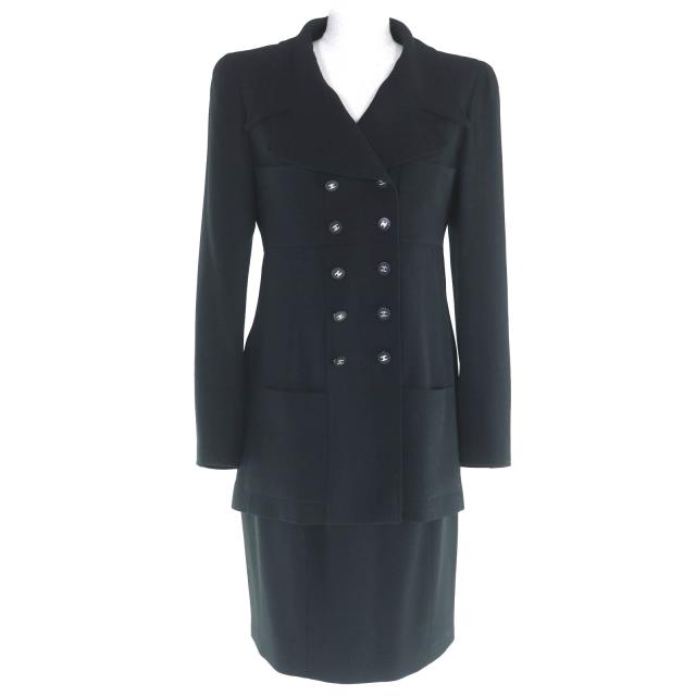 極美品◇CHANEL BOUTIQUE シャネルブティック ヴィンテージ 96P P06431 ウール シルク ココマークボタン セットアップ ブラック 38 仏製