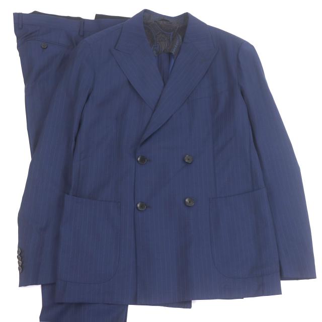 未使用品□ETRO エトロ ウール 裏シルク100％ ストライプ柄 シングルスーツ ブレザー スラックス 上下セットアップ ネイビー 54 正規品