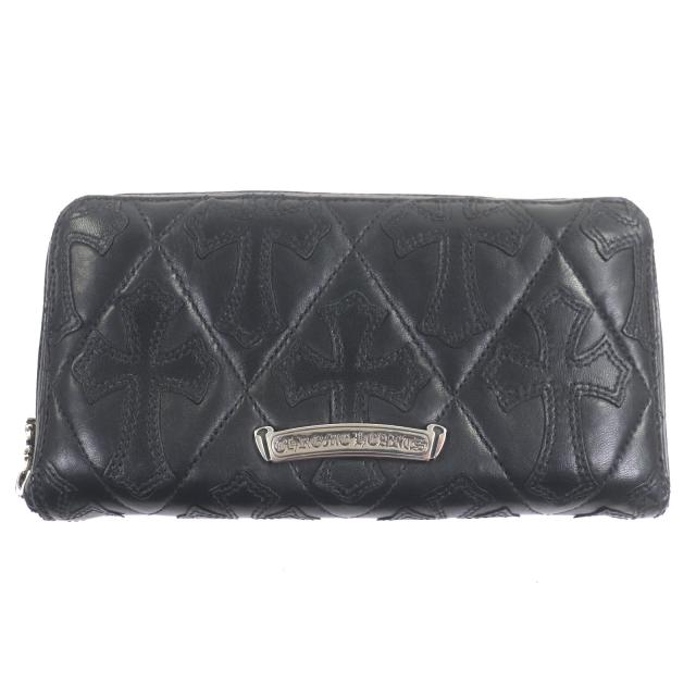 極美品▼CHROME HEARTS クロムハーツ REC F ZIP QUILTED セメタリークロス キルティング レザーロングウォレット 長財布 ブラック メンズ