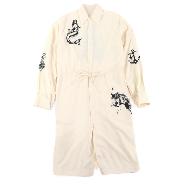 極美品△PRADA プラダ 22SS SC567 コットン トライアングルロゴ 人魚 タコ 魚拓 プリンテッドショート オールインワン ツナギ S 正規品