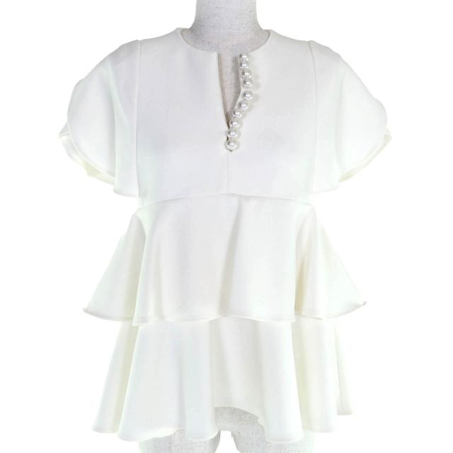 極美品△YOKO CHAN ヨーコチャン 2022年製 YCB-222-300 フェイクパール 半袖 フレア ブラウス ホワイト 38 正規品 日本製 レディース