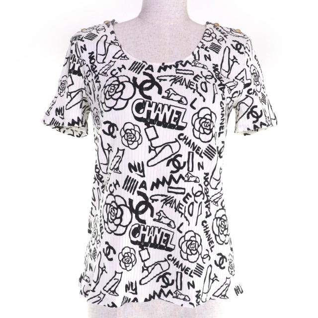 極美品☆CHANEL シャネル 19A P61888V47215 金ボタン ココマーク カメリア ロゴグラフィティ 半袖Ｔシャツ ホワイト ブラック 40 正規品