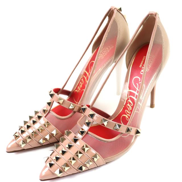 極美品◇Valentino Garavani ヴァレンティノガラヴァーニ XW2S0CV9 メッシュ ロックスタッズ レザーパンプス 37 箱・保存袋付 イタリア製