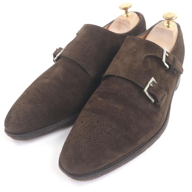 【ドンドン見直し】良品□John Lobb ジョンロブ CAMBERLEY スウェードレザー メダリオン ダブルモンクストラップ シューズ 茶 8 英国製