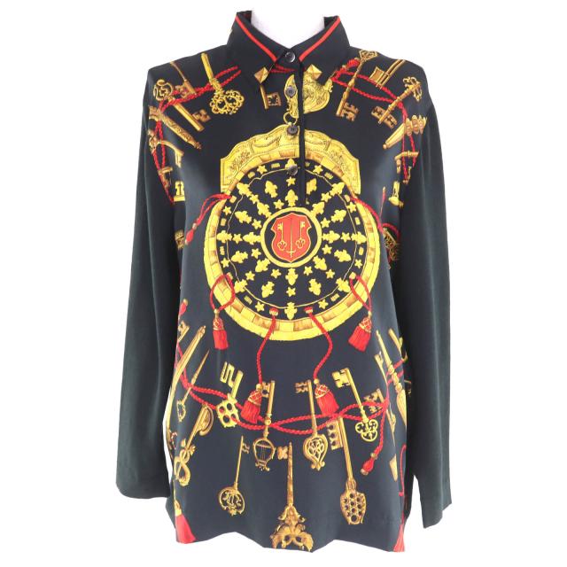 極美品◇HERMES エルメス LES CLES THE KEYS RARE シルク カシミヤ混 ツイルレーヌ 総柄 ニット 長袖ポロシャツ ブラック S レディース