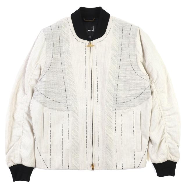 極美品△Dunhill ダンヒル コットン リネン ロゴジップ金具 ステッチデザイン 中綿ジャケット ボンバージャケット アイボリー 正規品 S