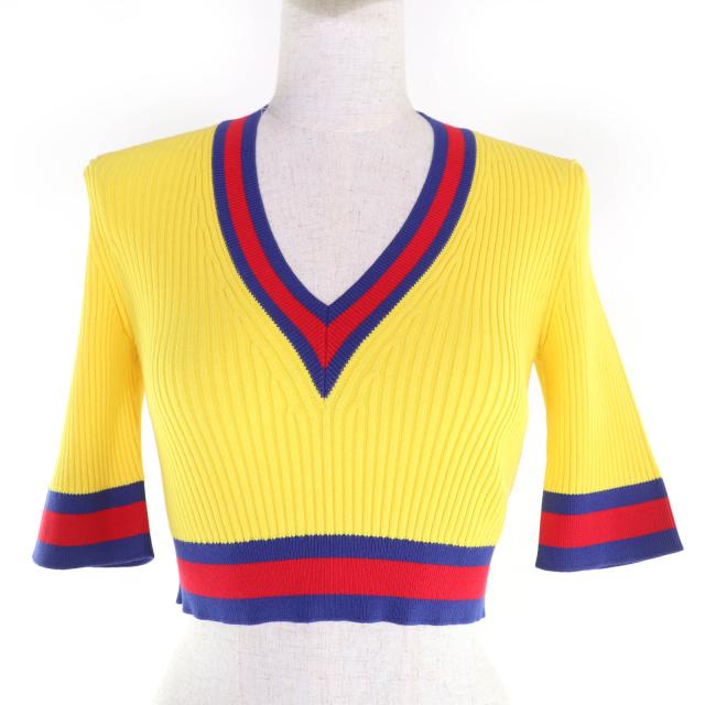 未使用品☆GUCCI グッチ 23AW 756271 ウェブライン Vネック クロップド丈 半袖ニット トップス イエロー S イタリア製 正規品 レディース