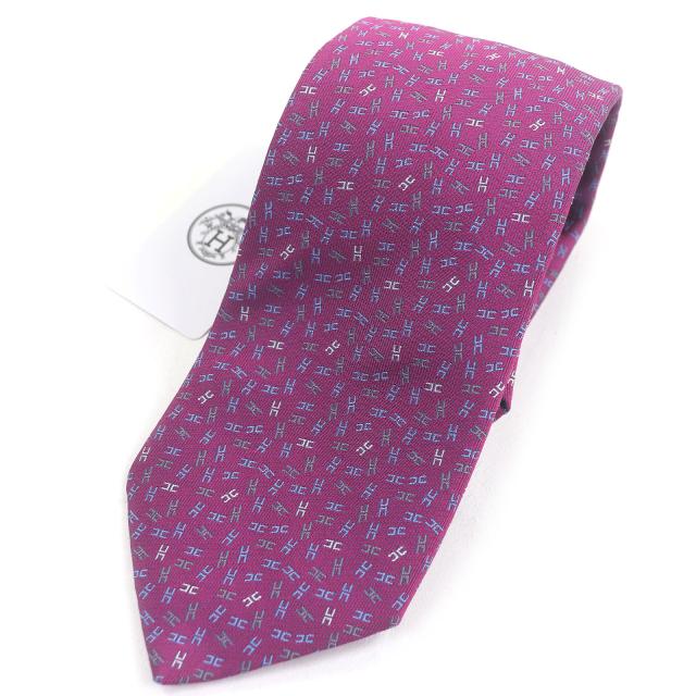未使用品□HERMES エルメス 659194T シルク100％ Hロゴ総柄 ネクタイ レギュラータイ パープル 箱付き フランス製 メンズオススメ