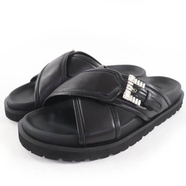 良品☆Sergio Rossi セルジオロッシ sr Twenty ビジュー付 レザー クロス サンダル ブラック 37.5 保存袋付き イタリア製 レディース