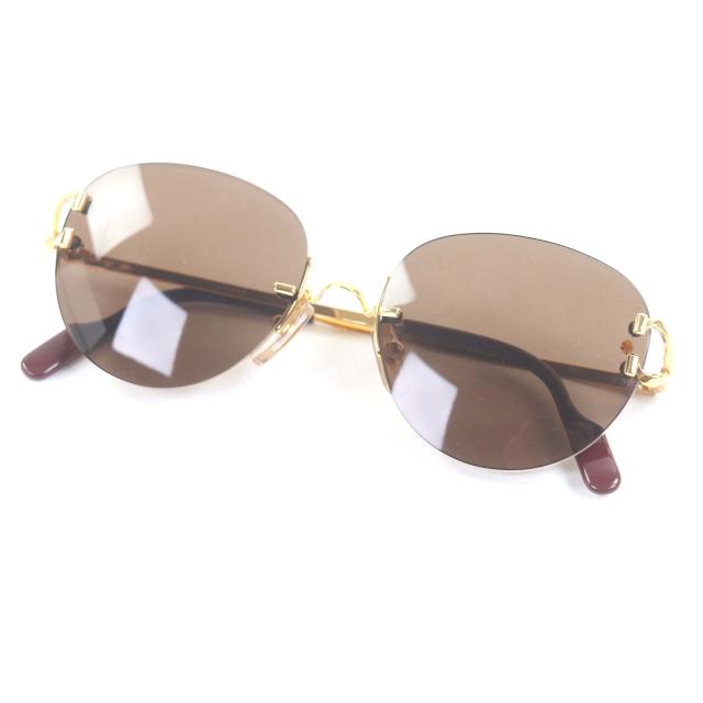 極美品□Cartier カルティエ リムレス ツーポイント サングラス アイウェア ブラウン ゴールド □16 箱・ケース付き フランス製 メンズ