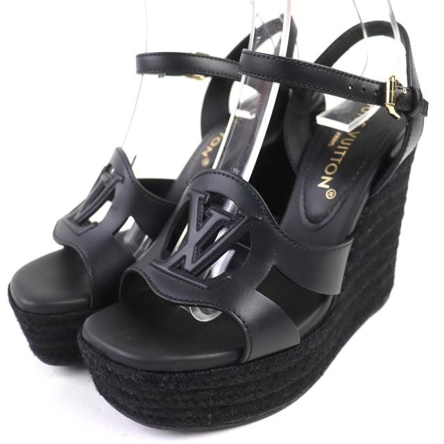 極美品△LOUIS VUITTON ルイヴィトン LVイソラライン アンクルストラップ エスパドリーユ ウェッジソール レザー サンダル ブラック 36.5