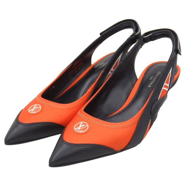 極美品▲LOUIS VUITTON ルイヴィトン アークライトライン サテン ラバーロゴ バックストラップ パンプス オレンジ ブラック 35.5 伊製