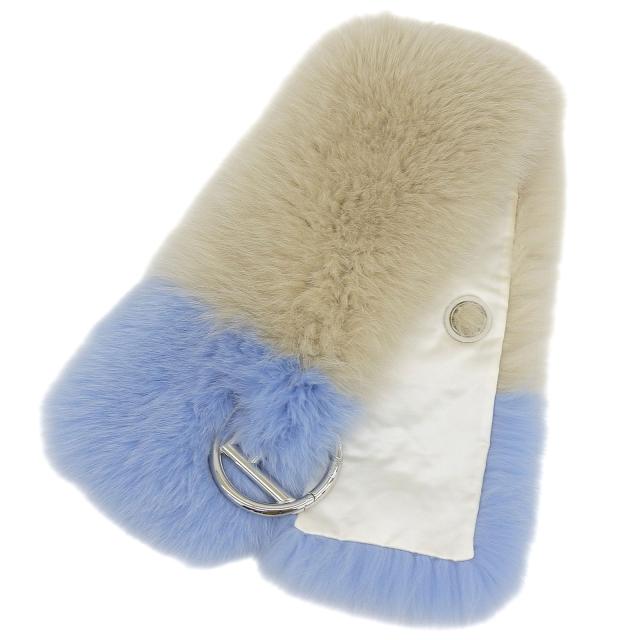 美品▲FENDI フェンディ フォックス レザー使い Fロゴ ティペット ショール ベージュ ライトブルー シルバー金具 ONE SIZE 伊製 正規品
