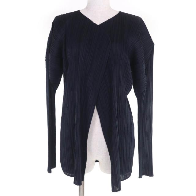 極美品☆PLEATS PLEASE プリーツプリーズ イッセイミヤケ PP05-JO001 長袖 カーディガン ダークネイビー 3 日本製 正規品 レディース