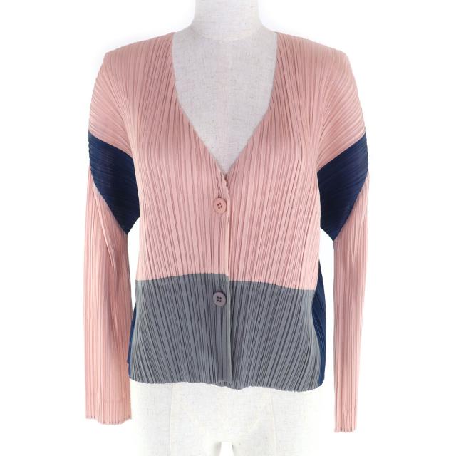 極美品★PLEATS PLEASE プリーツプリーズ イッセイミヤケ 22AW PP23JO532 Vネック 長袖 カーディガン ピンク ネイビー 3 日本製 正規品