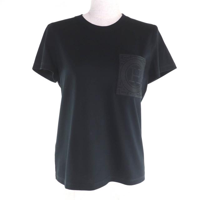 極美品★HERMES エルメス 23AW 3H4614DL コットン100％ Hロゴ刺繍入り ポケット付 クルーネック 半袖Ｔシャツ ブラック 36 仏製 正規品