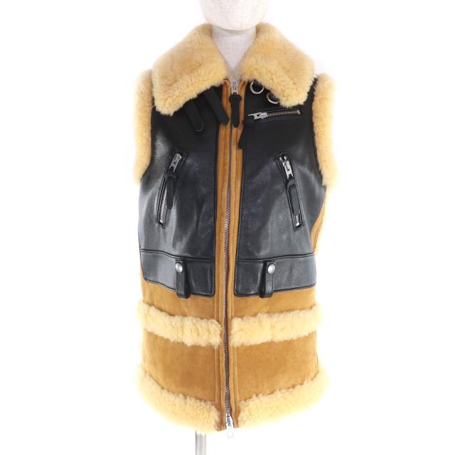 極美品★COACH コーチ ロゴボタン付 ムートンレザー切り替え ZIP UP ジレ ベスト ブラック ベージュ XS イタリア製 正規品 レディース