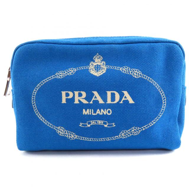 極美品◇PRADA プラダ 1NA021 CANAPALOGO レザー使い ロゴプリント 裏ストライプ柄 キャンバス ポーチ ブルー シルバー金具 イタリア製