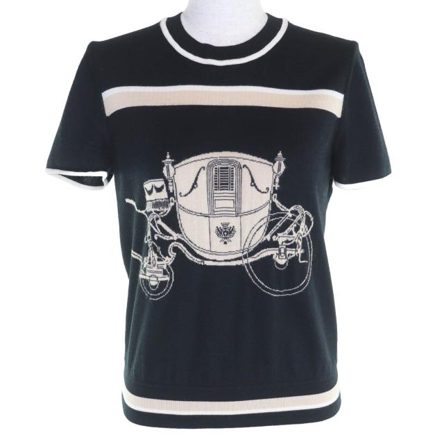 極美品◇HERMES エルメス 23SS 3E2800D7 EX-LIBRIS シルク カシミヤ ツイルレーヌ 半袖ニット ブラック ベージュ 36 フランス製 レディース
