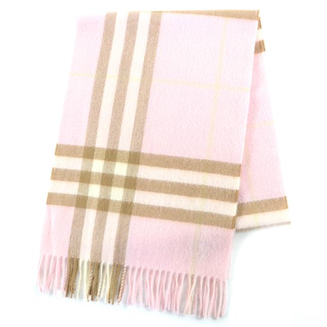 極美品◇BURBERRY バーバリー 8016396 カシミヤ100％ チェック柄 フリンジ付き マフラー ALABASTER ピンク系 英国製 正規品 レディース