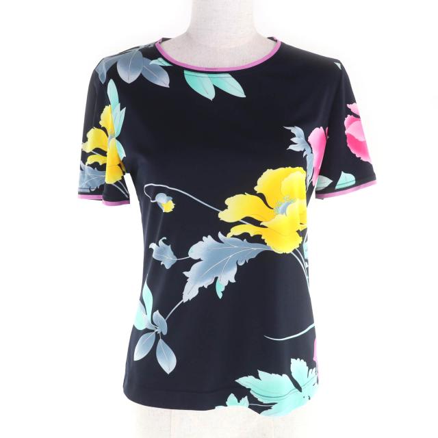 極美品★LEONARD レオナール 花柄 半袖 トップス カットソー ダークネイビー ピンク イエロー ブルー 38 正規品 レディース