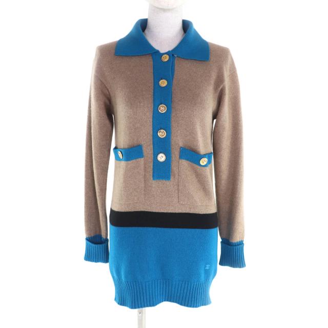 極美品★CHANEL シャネル ヴィンテージ カシミヤ100％ クローバーボタン ココマーク刺繍入り 長袖 ニット チュニック 0 正規品