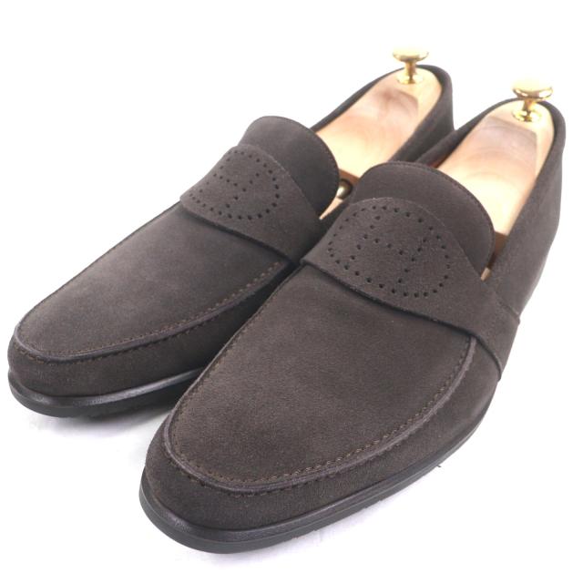 極美品▼HERMES エルメス エブリン パンチングHロゴ スウェードレザーシューズ ローファー ダークブラウン 43.5 箱付 イタリア製 メンズ