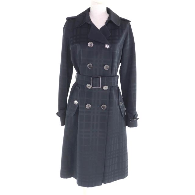 美品★BURBERRY LONDON バーバリーロンドン FR058-060-32  ロゴボタン・ベルト付 チェック柄 トレンチコート ブラック 38 日本製 正規品