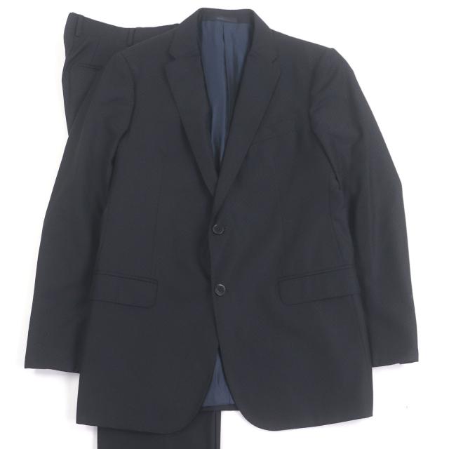 美品□ARMANI COLLEZIONI アルマーニコレッツォーニ ウール100％ M-LINE 総柄 シングルスーツ セットアップ ネイビー 48 正規品 メンズ