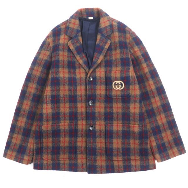 極美品▼GUCCI グッチ 770761 ウール70% インターロッキングGワッペン チェック柄 シングルジャケット テーラード 50 正規品 メンズ